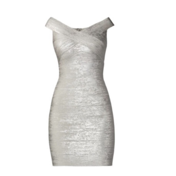 Hervé Leger | Dresses | Herv Leger Silver Foil With Tag Offtheshoulder ...